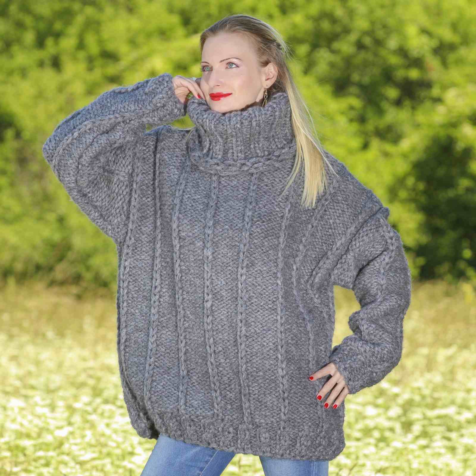 Hand knitted mohair wool sweater in grey