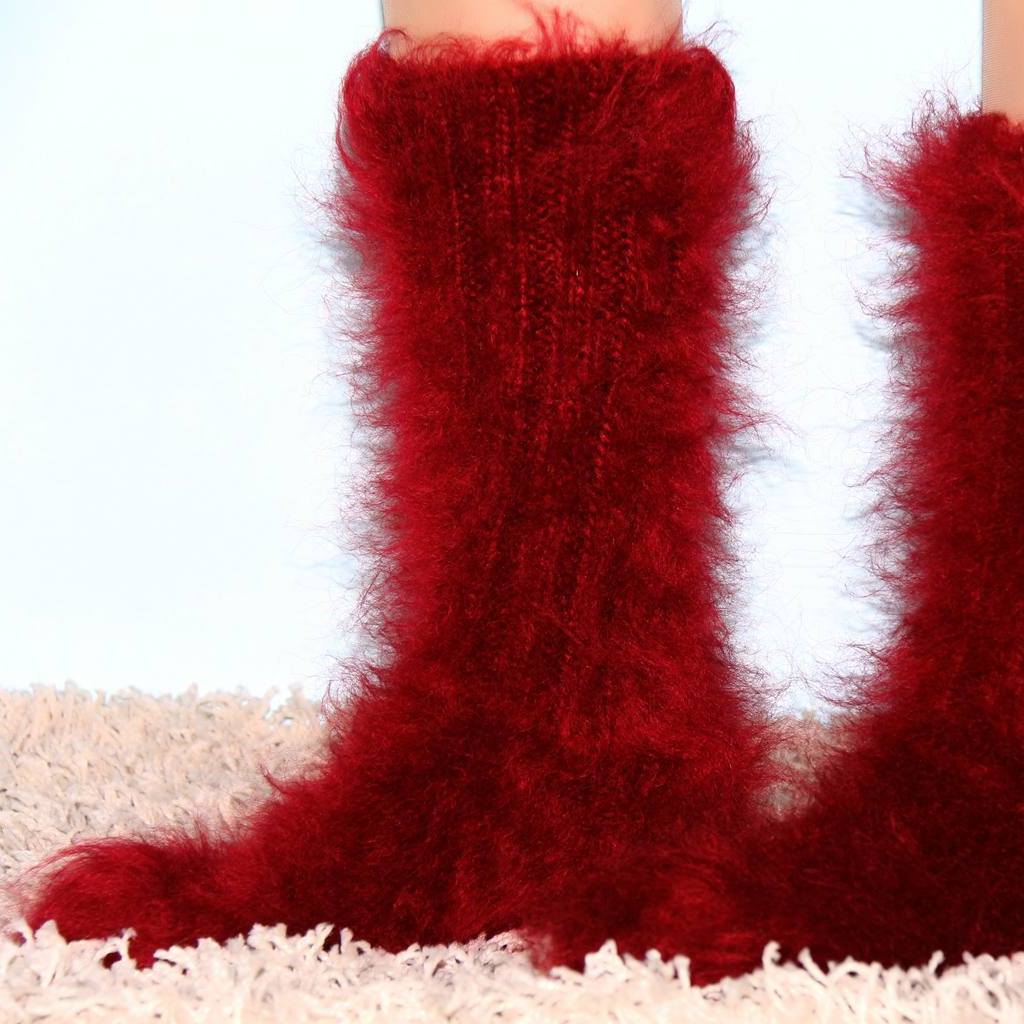 Hand knitted fuzzy mohair socks in red