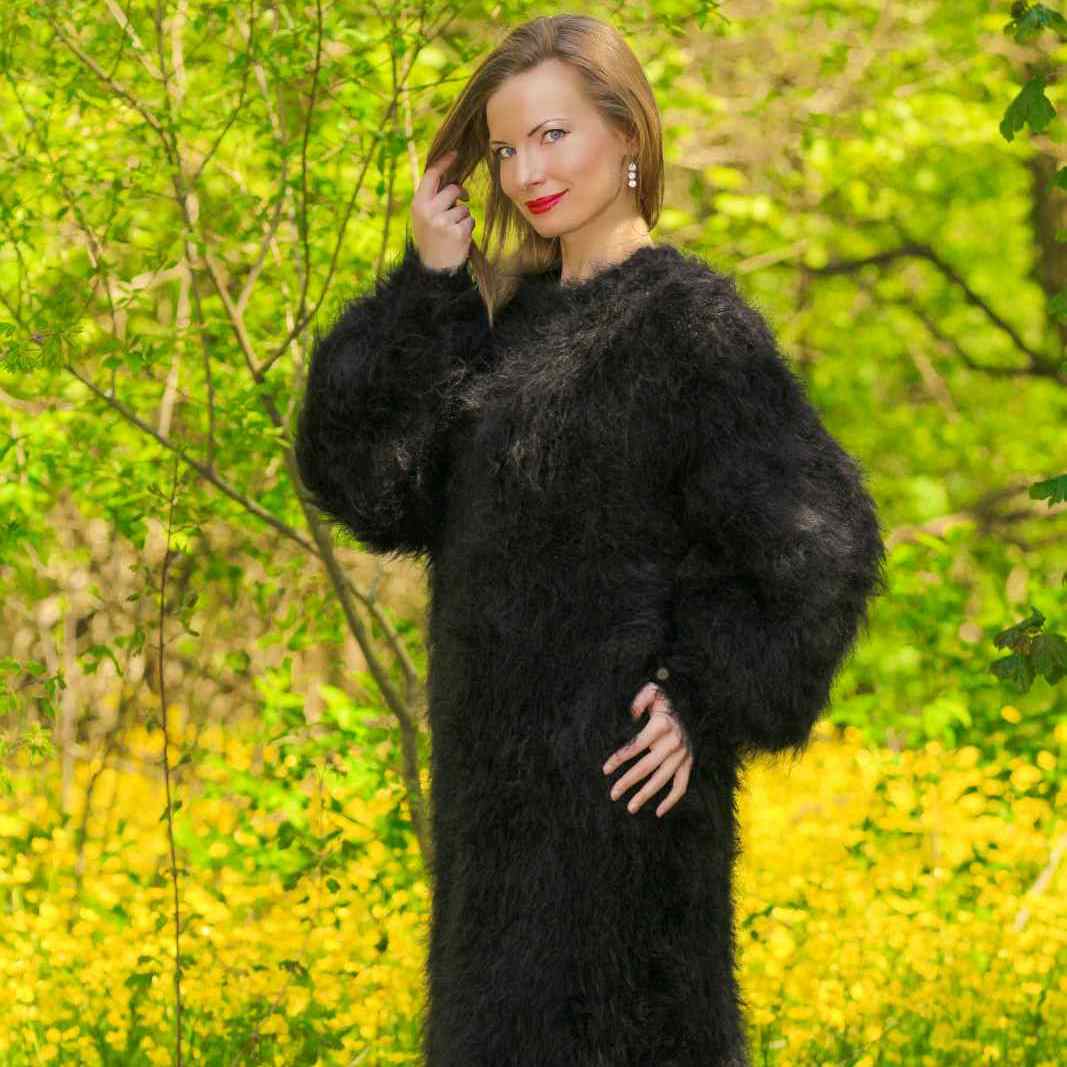 Fashion black long fuzzy mohair dress hand crafted by SuperTanya