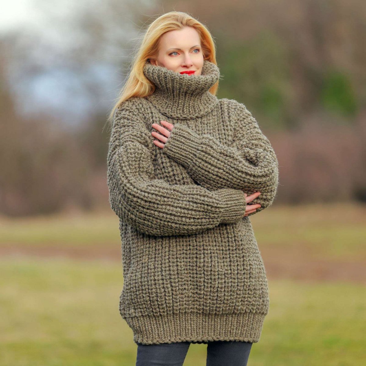 Brown thick organic wool sweater, ready to ship, size XL