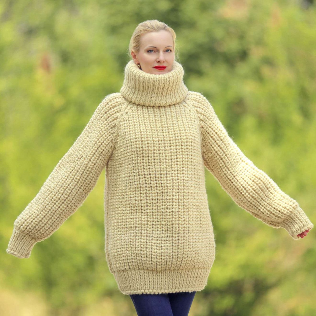 Ivory beige ribbed wool sweater with extra long turtleneck, ready to ...