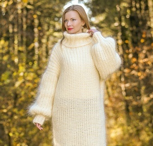 Fuzzy ivory long mohair dress ready to ship size XL-XXL